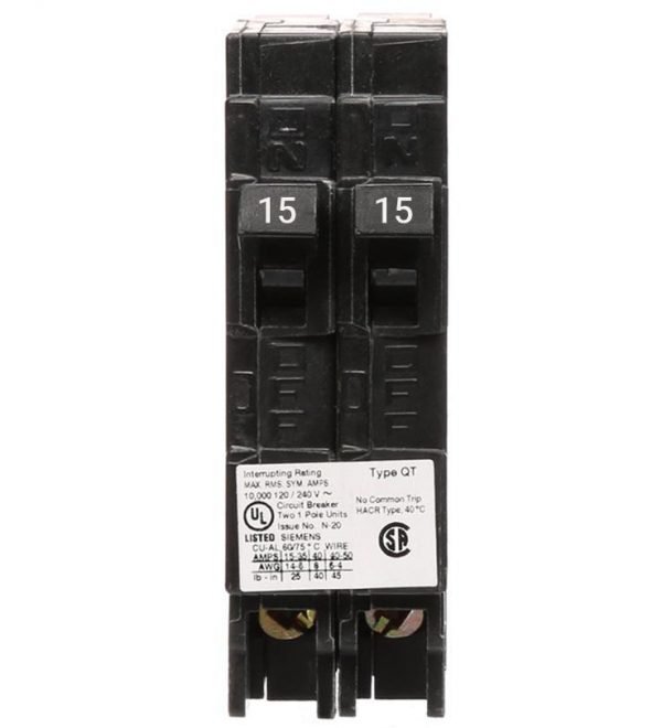 Siemens 15-15A Twin/ Tandem/ Space Saver Circuit Breaker (Q1515NC ...
